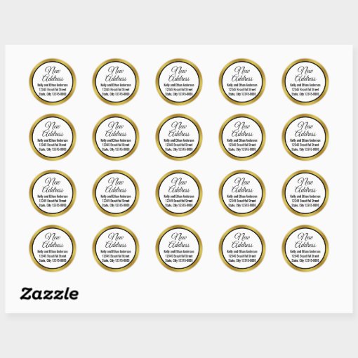 Elegant Black White Gold New Address Script Classic Round Sticker | Zazzle