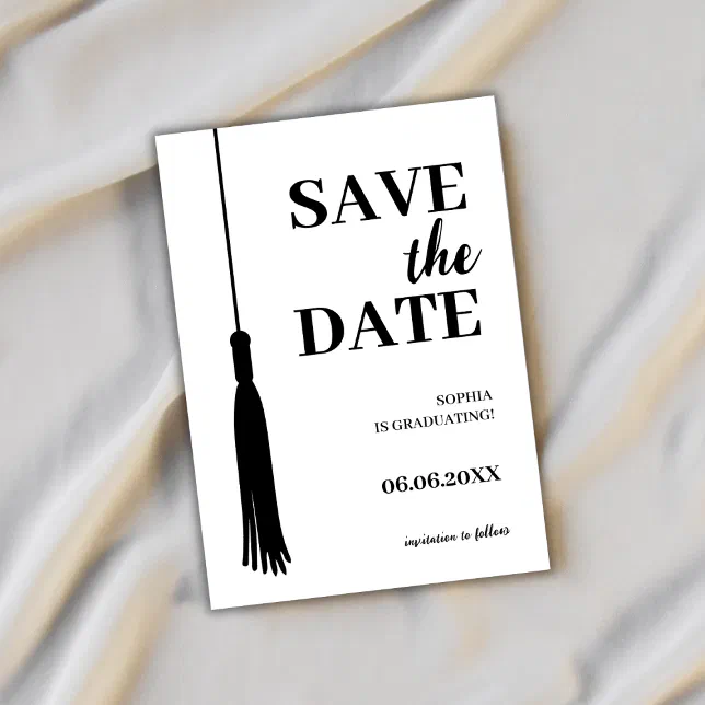 Elegant Black & White Grad Tassel Graduation Save The Date | Zazzle