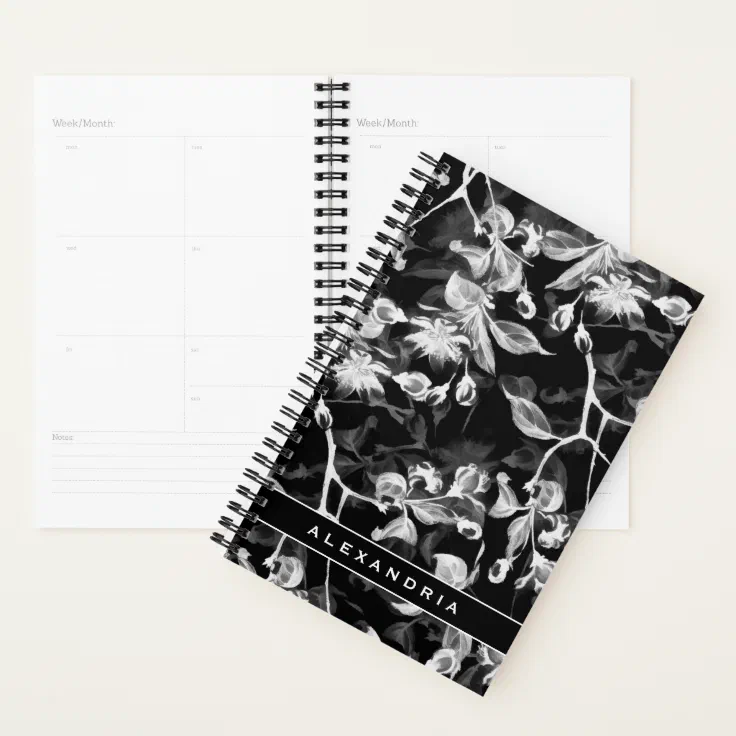Elegant Black White & Gray Floral with Custom Name Planner | Zazzle