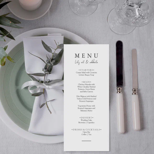 Elegant Black & White Let's Eat Script Wedding Menu | Zazzle