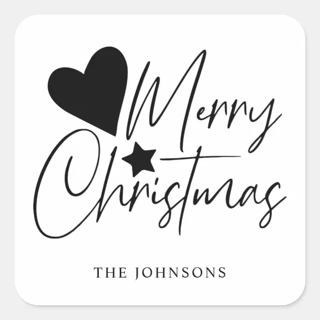 Elegant Black & White Merry Christmas Script Square Sticker | Zazzle