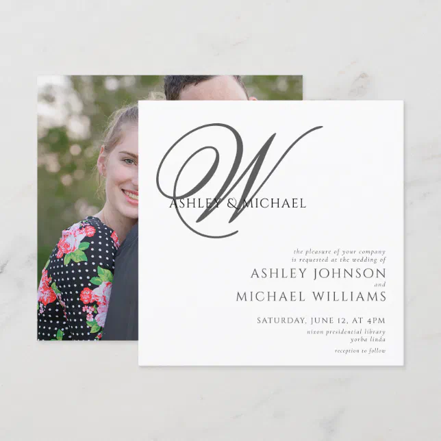 Elegant Black/White Monogram Square Photo Wedding Invitation | Zazzle