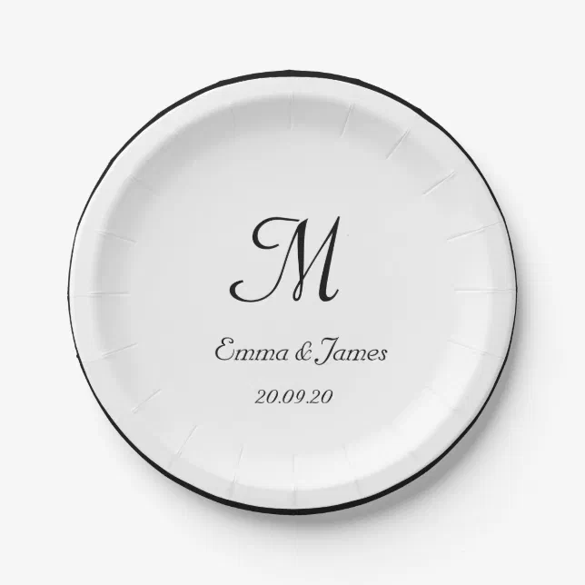 Elegant Black & White Monogram Wedding Paper Plate | Zazzle