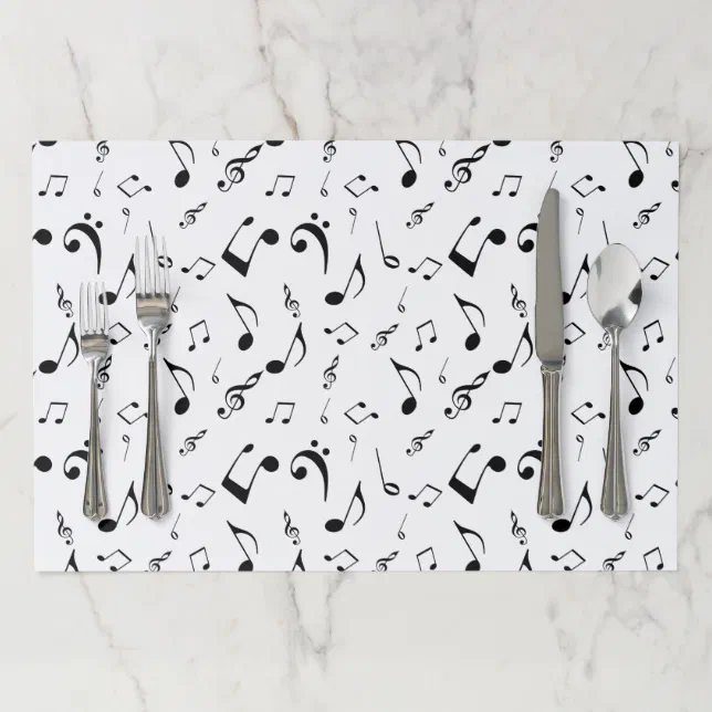 Elegant Black White Music Notes Pattern Paper Placemat | Zazzle
