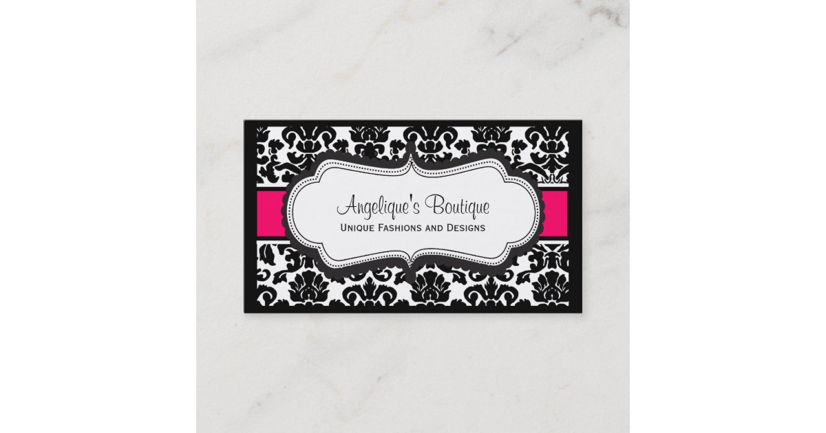Elegant Black White & Pink Damask Business Cards | Zazzle