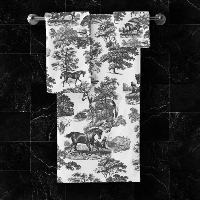 Elegant Black White Rustic Horses Toile Bath Towel Set | Zazzle