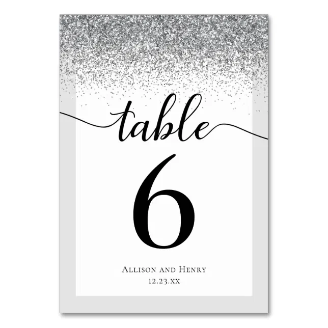 Elegant Black White Script Glitter Wedding Table Number | Zazzle