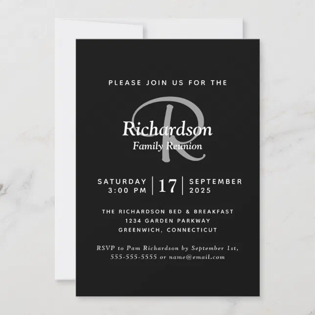 Elegant Black White Silver Monogram Family Reunion Invitation | Zazzle