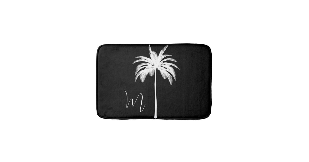 Elegant Black White Tropical Palm Tree Bath Mat | Zazzle