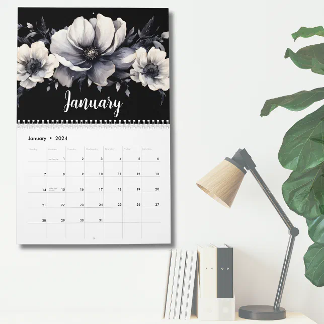 Elegant Black White Watercolor Floral Calendar | Zazzle