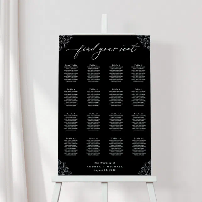 Elegant Black & White Wedding Seating Chart 24x36 Foam Board | Zazzle