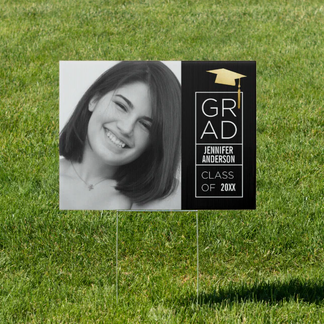 Elegant Black & White with Gold Graduation Cap Sign | Zazzle