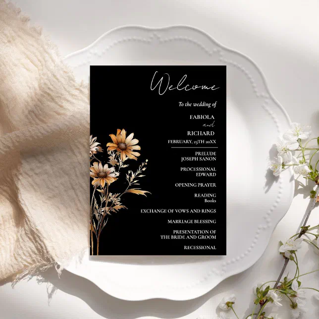 Elegant Black Wildflower Wedding Program Card | Zazzle