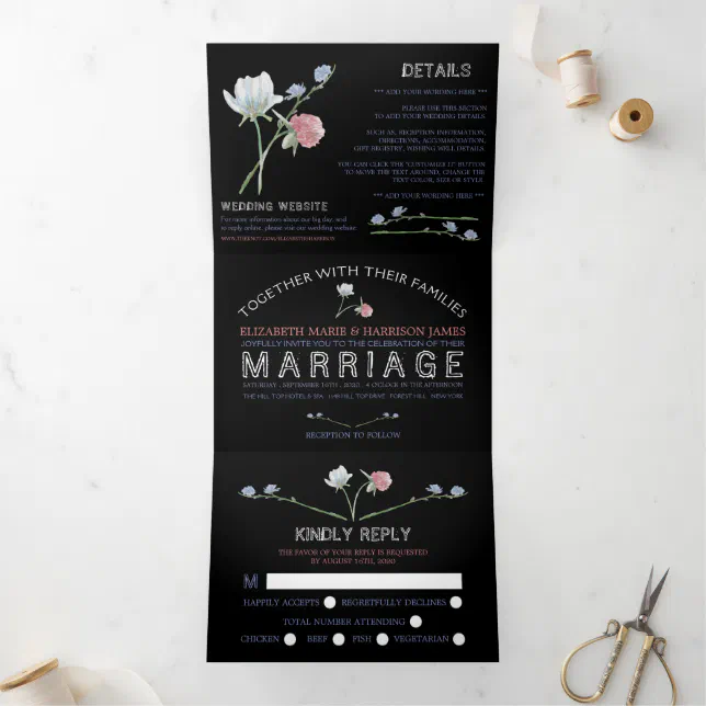 Elegant Black, Wildflower Wedding Suite Tri-Fold Invitation | Zazzle