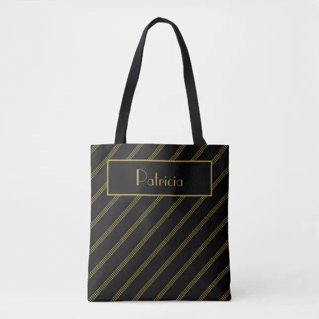 Elegant Black With Diagonal Dotted Golden Lines Tote Bag | Zazzle