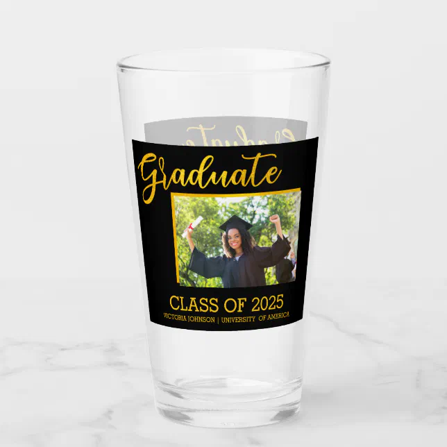 Elegant Black with Gold Glitter Graduate Photo Glass | Zazzle
