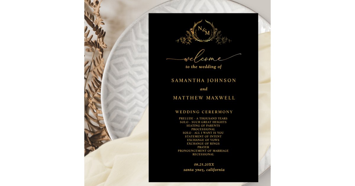 Elegant Black with Gold Monogram Wedding Program | Zazzle