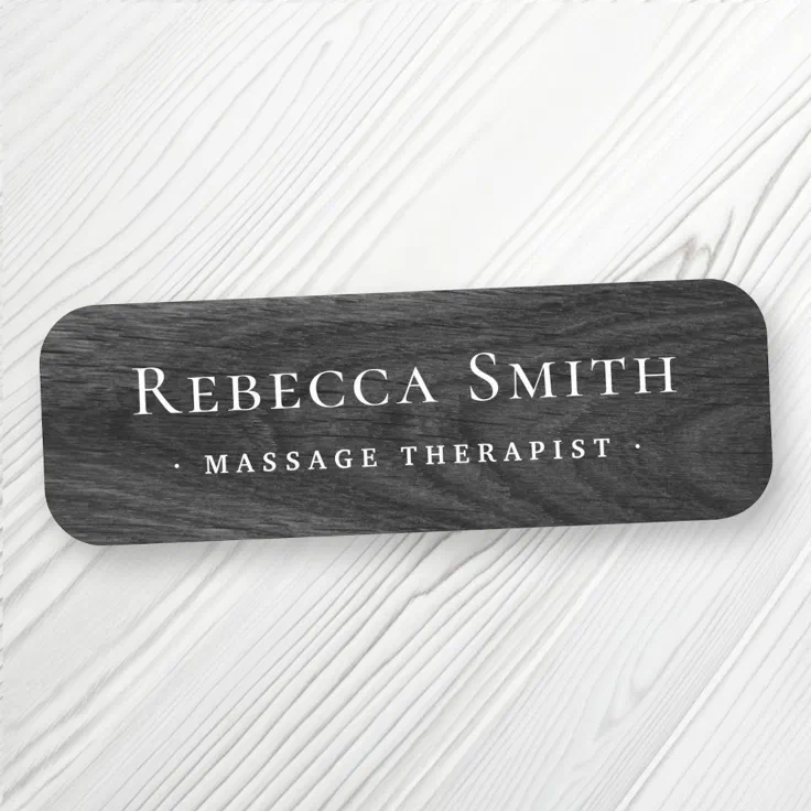 Elegant black wood grain look name and title name tag | Zazzle