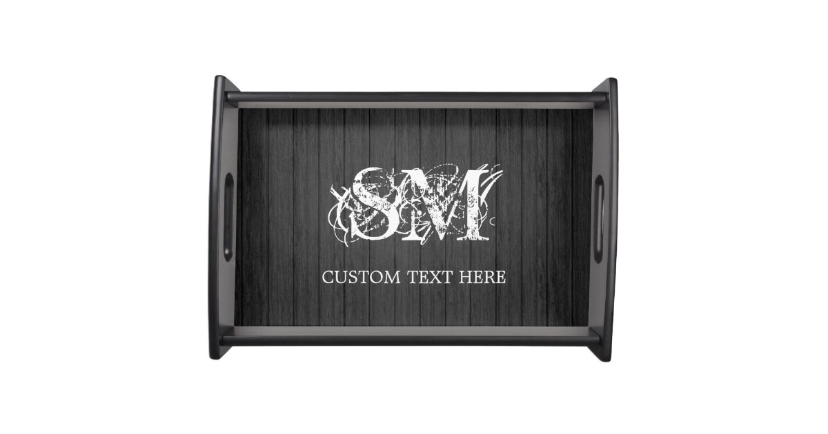 Elegant Black Wood Look with White Monogram Text Serving Tray | Zazzle