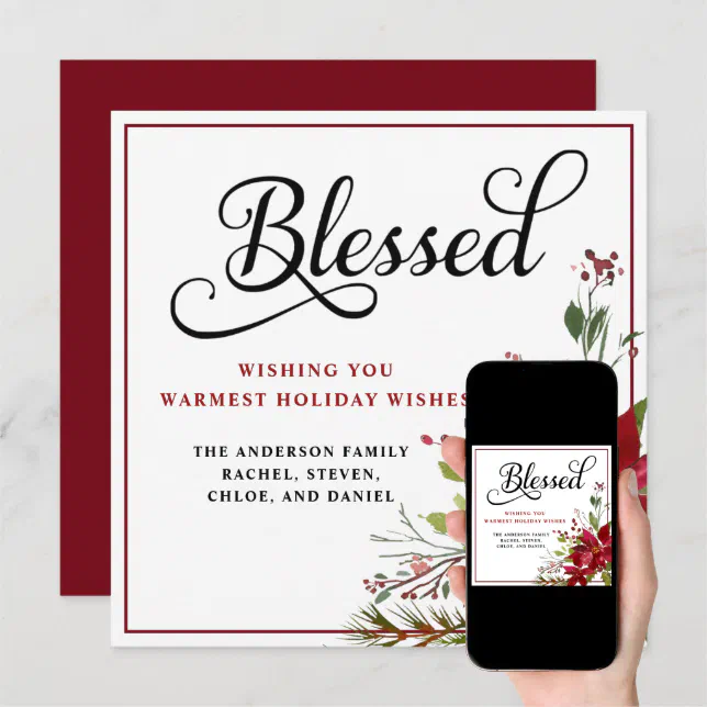 Elegant Blessed Red Floral Watercolor Holiday Card | Zazzle