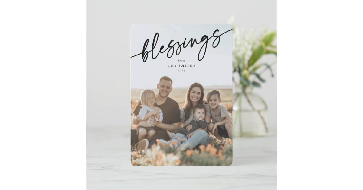 Elegant 'Blessings' Black Typographic Script Holiday Card | Zazzle