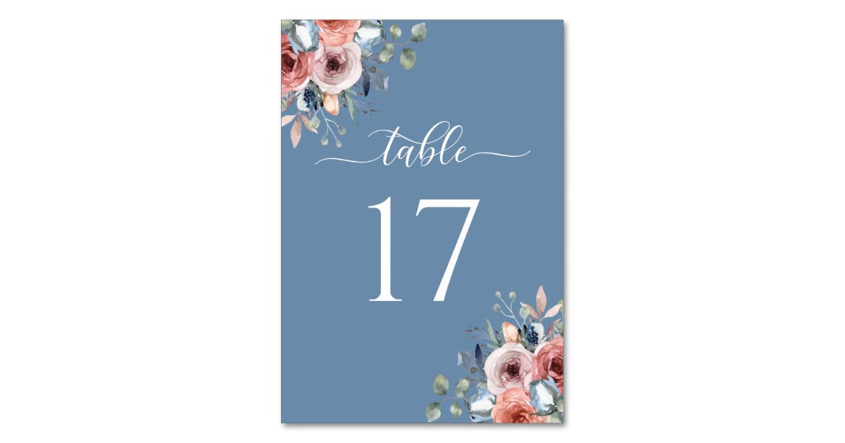 Elegant Blissful Floral Dusty Blue Wedding Table Number | Zazzle