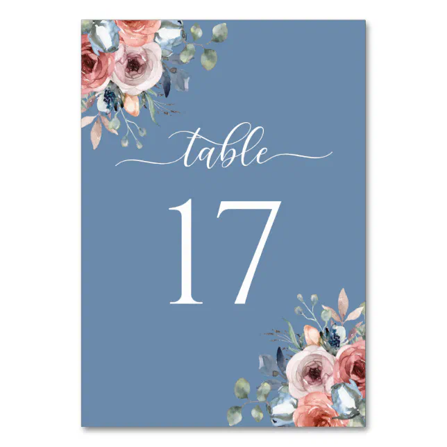 Elegant Blissful Floral Dusty Blue Wedding Table Number | Zazzle