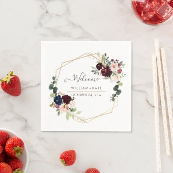 Elegant Bloom Blush Burgundy Eucalyptus Welcome Napkins | Zazzle