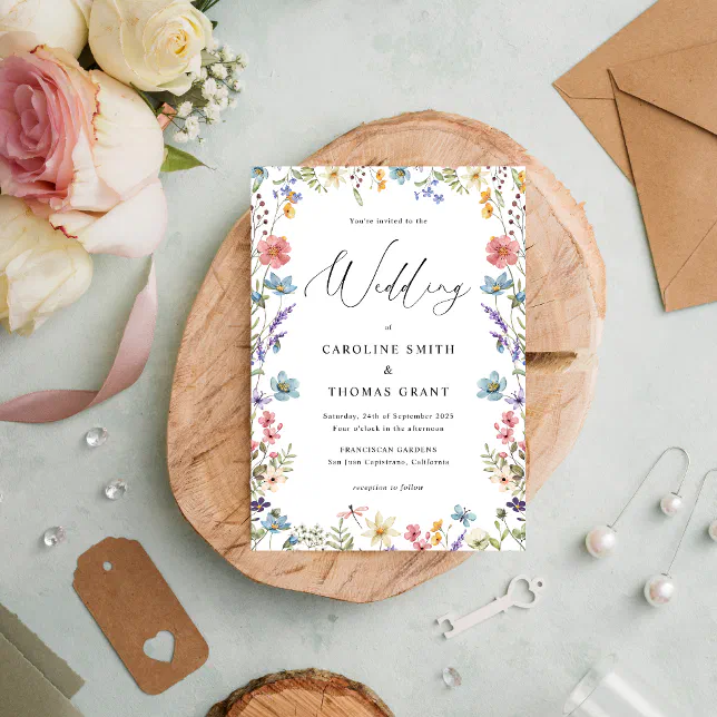 Elegant Bloom Wildflower Romantic Script Wedding Invitation | Zazzle
