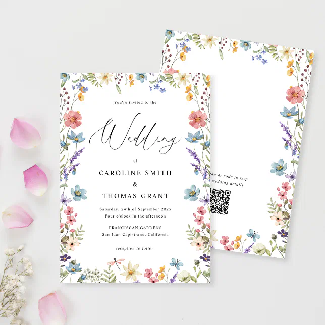 Elegant Bloom Wildflower Script QR Code Wedding Invitation | Zazzle