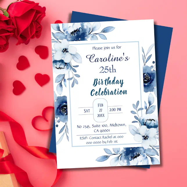 Elegant blue 25th birthday floral shades of blue invitation | Zazzle