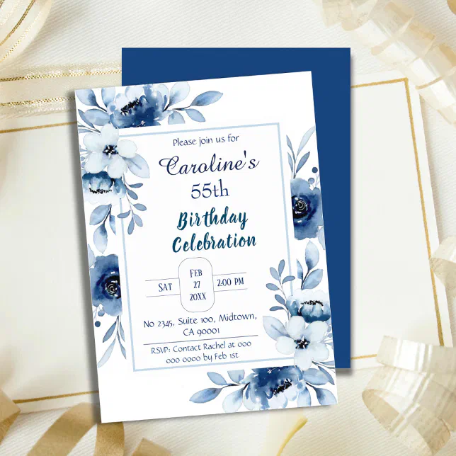 Elegant blue 55th birthday floral shades of blue invitation | Zazzle