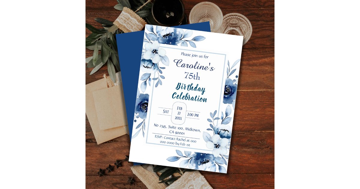 Elegant blue 75th birthday floral shades of blue invitation | Zazzle