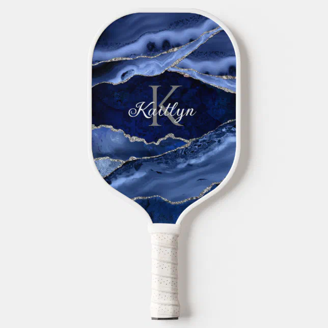 Elegant Blue Agate Silver Glitter Monogram Name Pickleball Paddle | Zazzle
