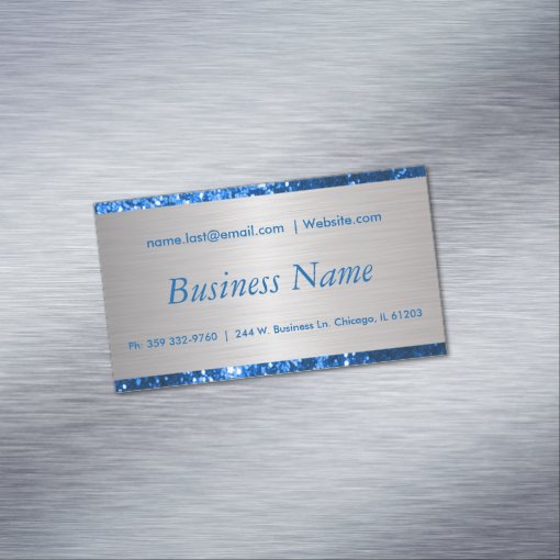 Elegant Blue and Brush Silver Steel Magnetic Business Card | Zazzle