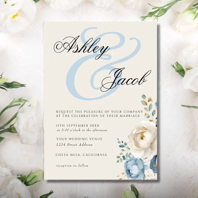Elegant Blue and Cream Elegant Floral Wedding Invitation | Zazzle