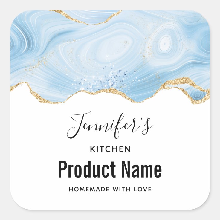 Elegant Blue and Gold Agate Border Kitchen Square Sticker | Zazzle