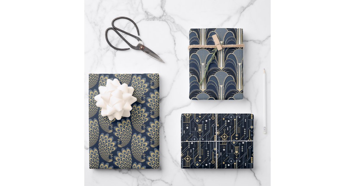 Elegant Blue and Gold Art Deco Pattern Wrapping Paper Sheets | Zazzle