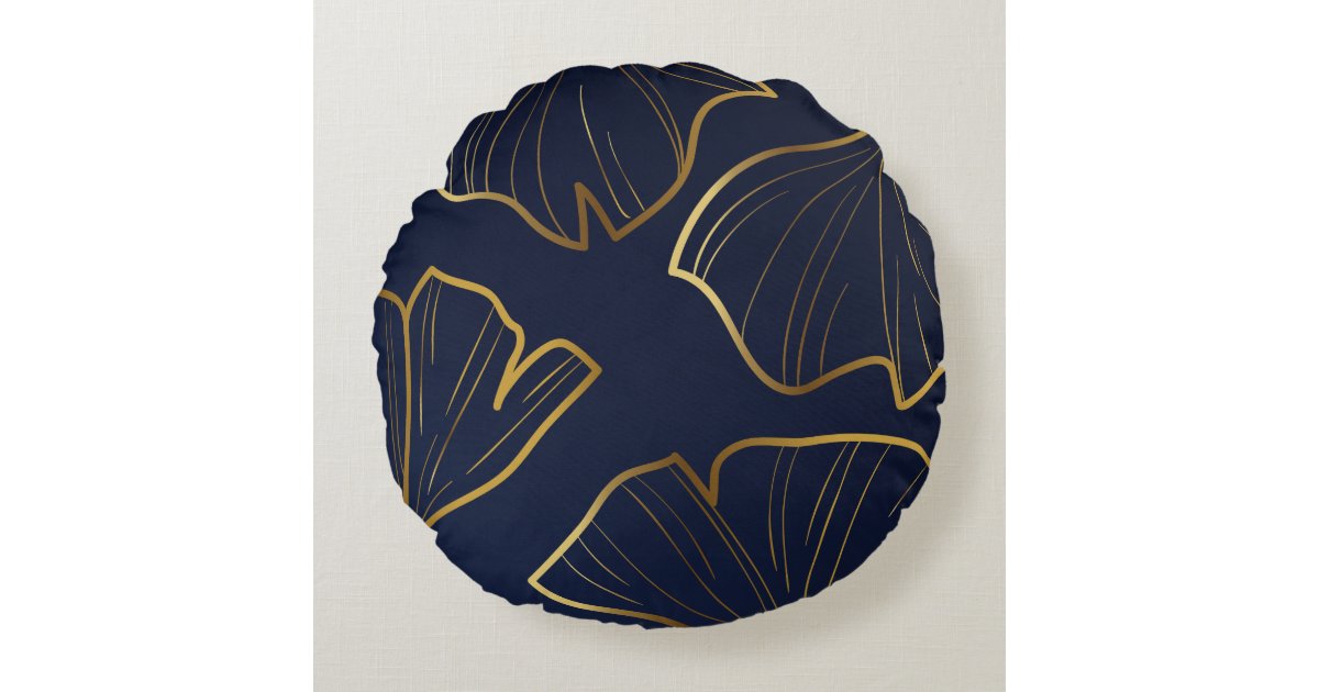 Elegant Blue and Gold Floral Round Pillow | Zazzle
