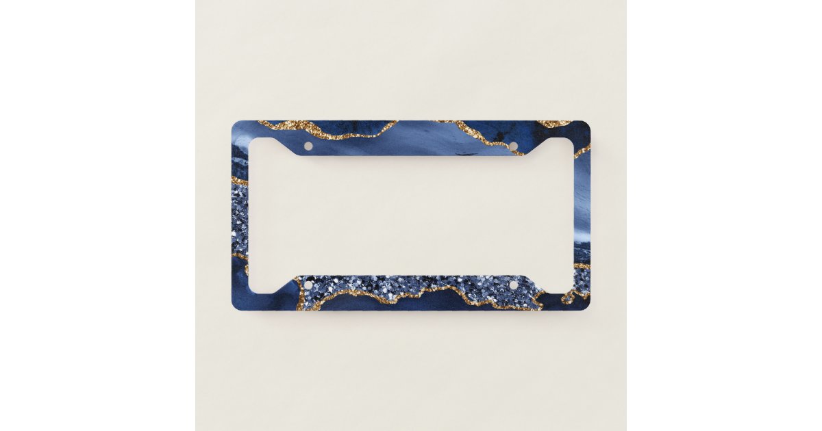 Elegant Blue and Gold Glitter Ocean Agate License Plate Frame | Zazzle