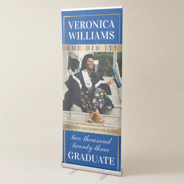Elegant Blue and Gold Graduation Retractable Banner | Zazzle