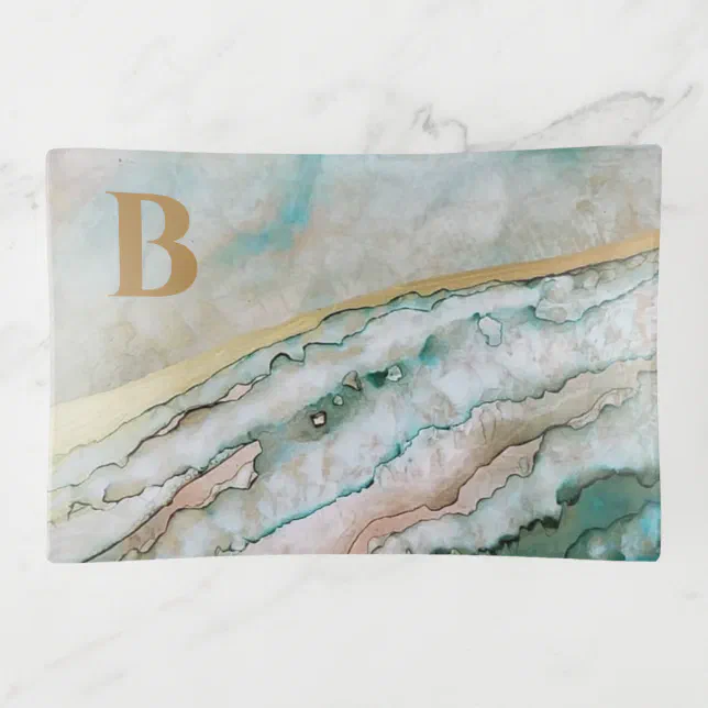Elegant Blue and Gold Ink Design Monogram Trinket Tray | Zazzle