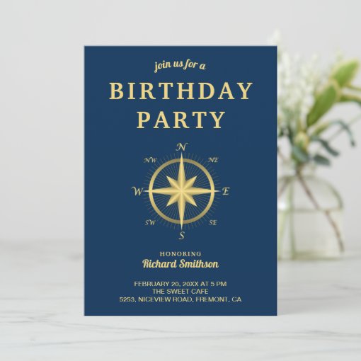 Elegant Blue and Gold Nautical Compass Birthday Invitation | Zazzle