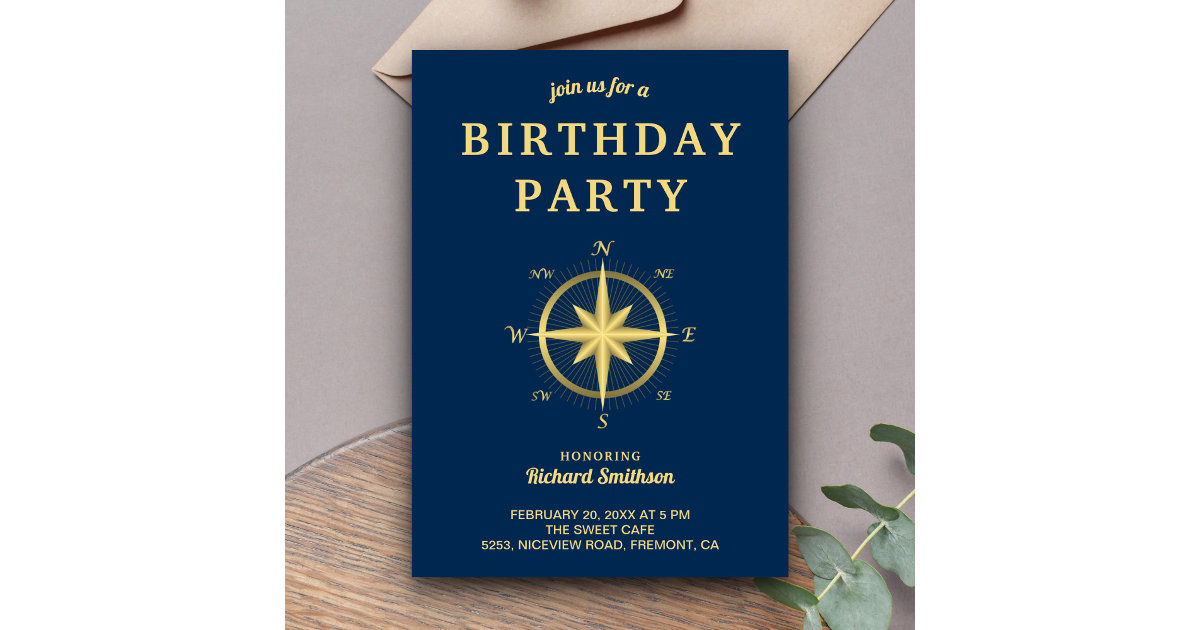 Elegant Blue and Gold Nautical Compass Birthday Invitation | Zazzle