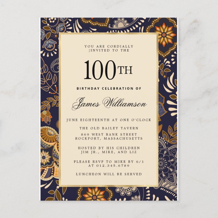Elegant Blue and Gold Pattern 100th Birthday Invitation Postcard | Zazzle