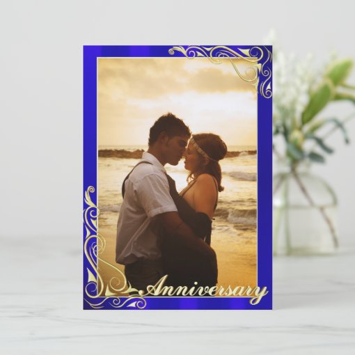 Elegant Blue and Gold Photo Anniversary Invitation | Zazzle