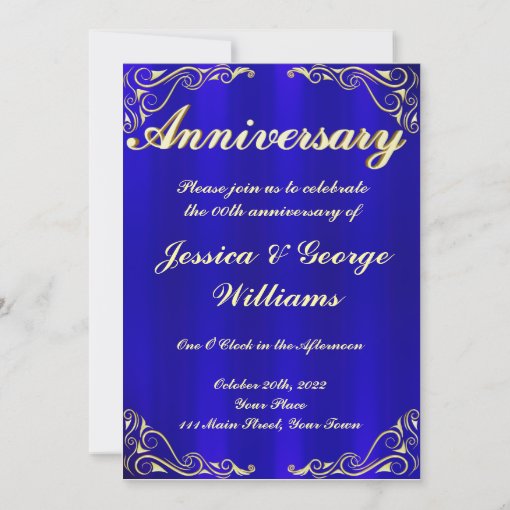 Elegant Blue and Gold Photo Anniversary Invitation | Zazzle