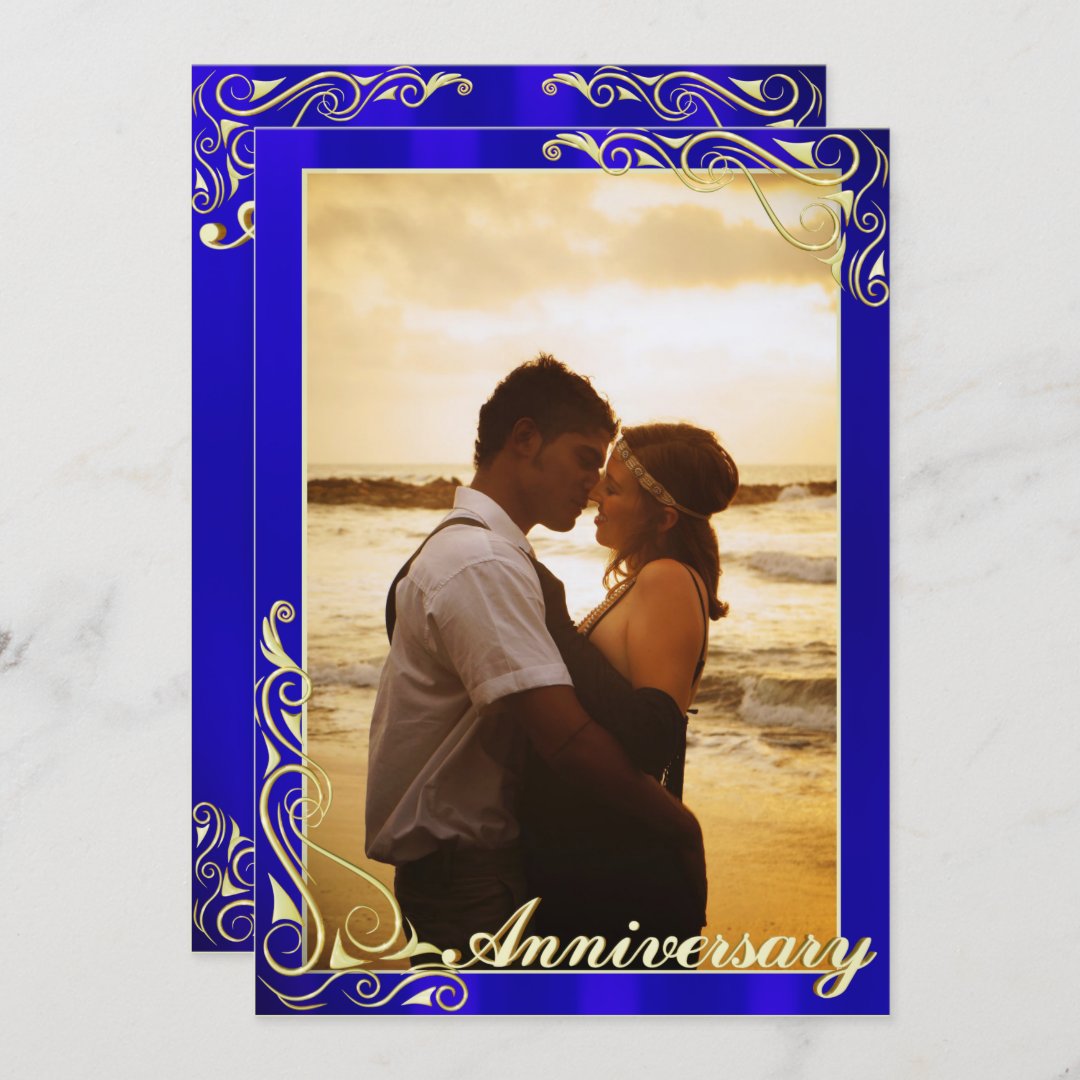 Elegant Blue and Gold Photo Anniversary Invitation | Zazzle