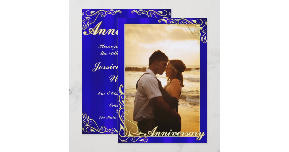 Elegant Blue and Gold Photo Anniversary Invitation | Zazzle