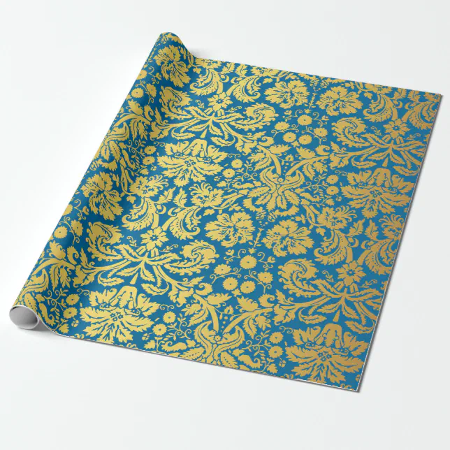 Elegant Blue and Gold Royal Damask Pattern Wrapping Paper | Zazzle
